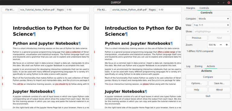 DiffPDF - compare two PDF files - LinuxLinks