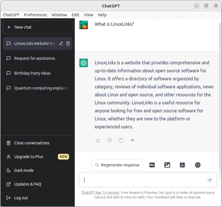 Machine Learning in Linux: ChatGPT - desktop application - LinuxLinks