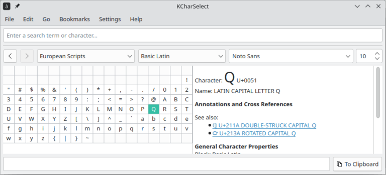 KCharSelect - character map tool - LinuxLinks
