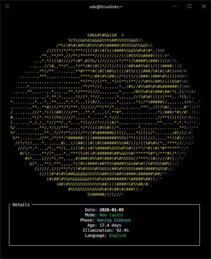 Linux Candy: ascii_moon - displays the moon phase - LinuxLinks