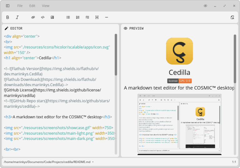 Cedilla - Markdown text editor for the COSMIC desktop - LinuxLinks