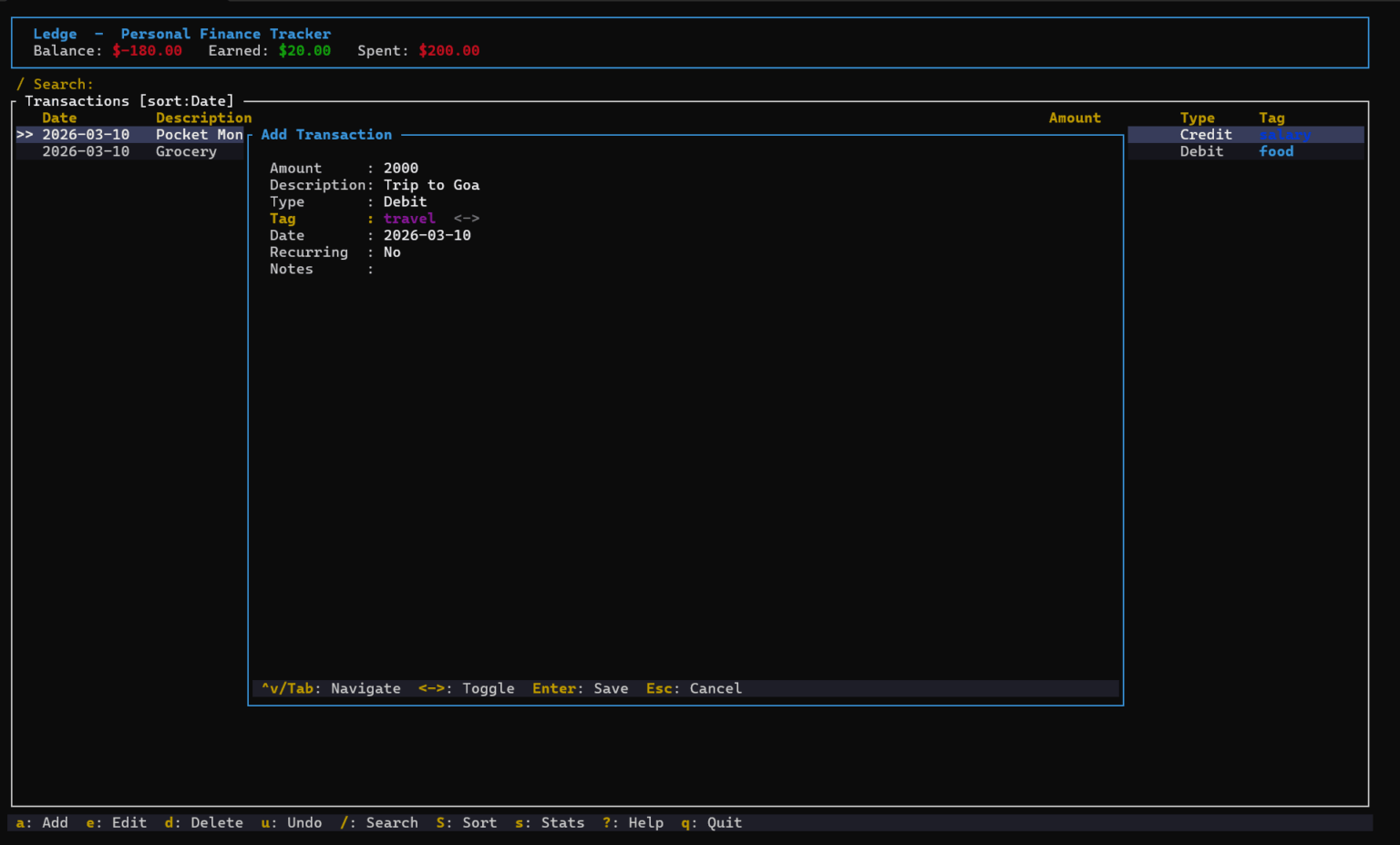 Ledge - terminal-based personal finance tracker - LinuxLinks